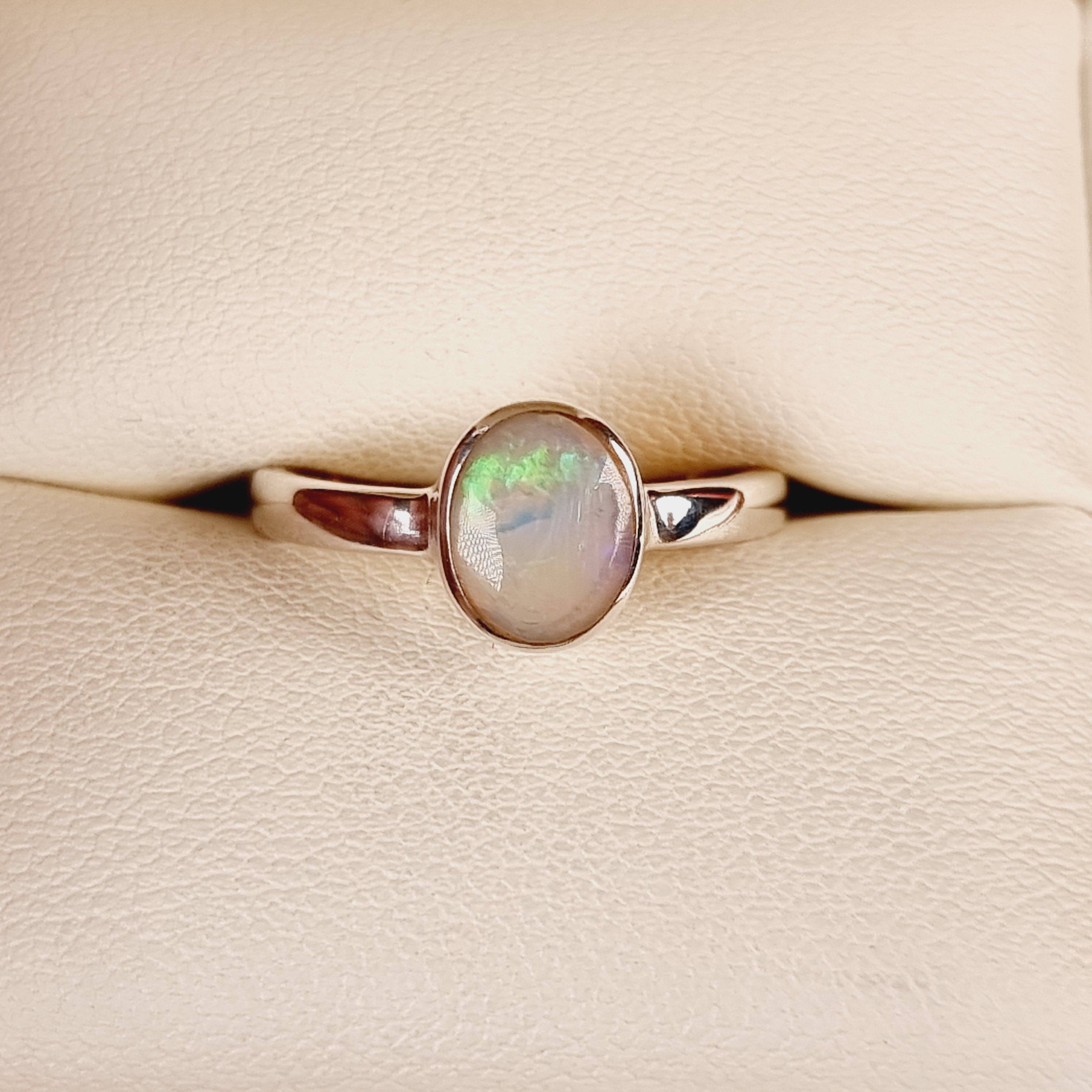 Solid Natural Australian Oval Crystal Green Flash Opal Silver Ring